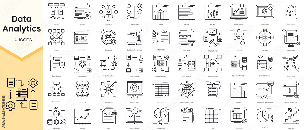 Simple Outline Set of Data Analytics Icons. Thin Line Collection ...
