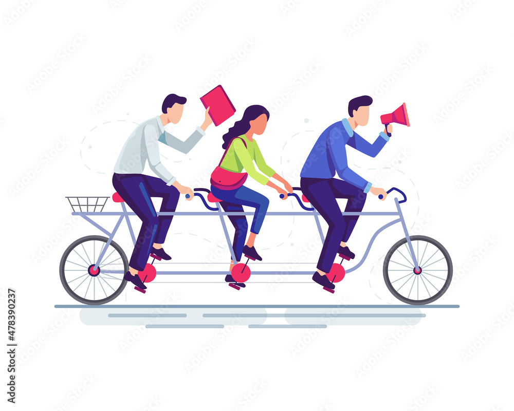Teamwork vector illustration. Business people riding a bike, People in ...