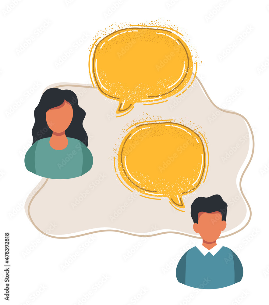 Cartoon vector illustration of man and woman chatting with speech ...