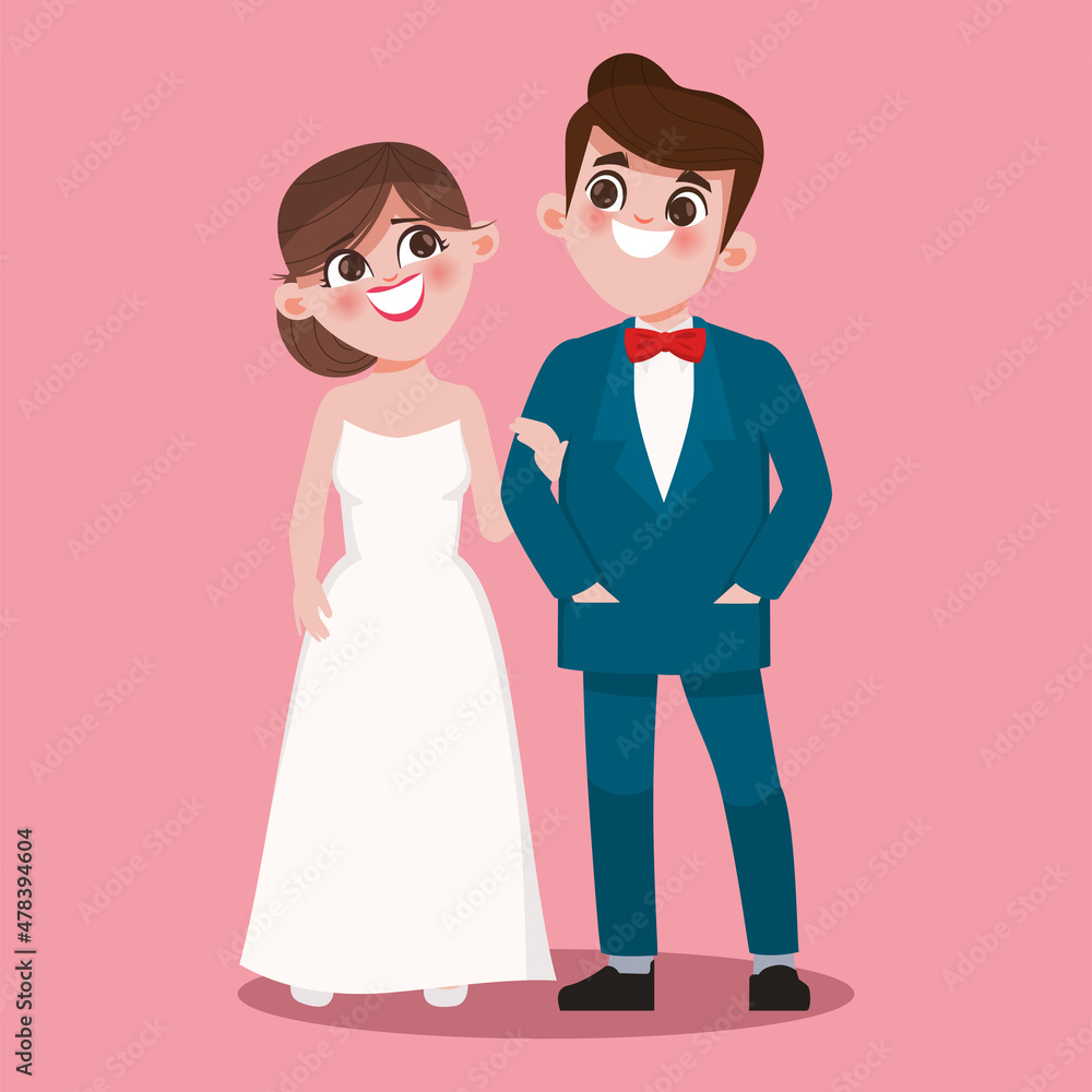 Cartoon bride and groom on wedding background of pink hearts. Stock ...