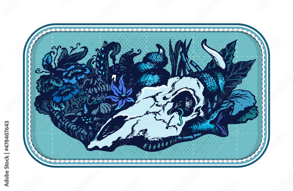 Skull of a cow with a snake surrounded by flowers and herbs. Picture ...