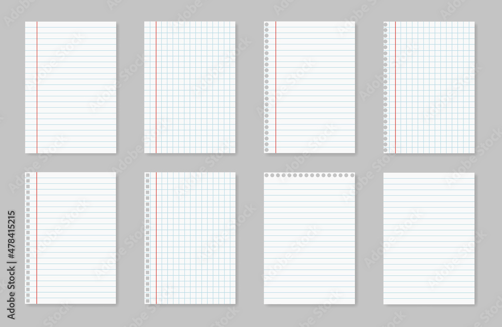 Notebook paper sheets for notes. Vector. White book pages with letter ...