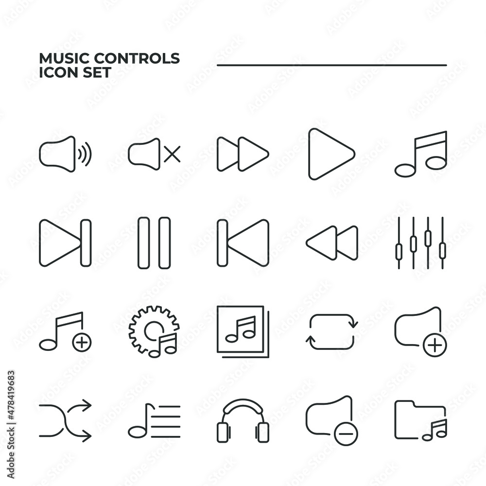simple set of Music Controls vector icons with editable line styles ...