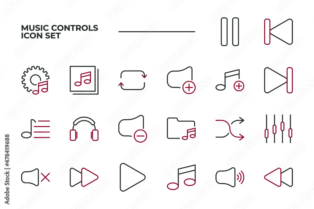 simple set of Music Controls vector icons with editable line styles ...