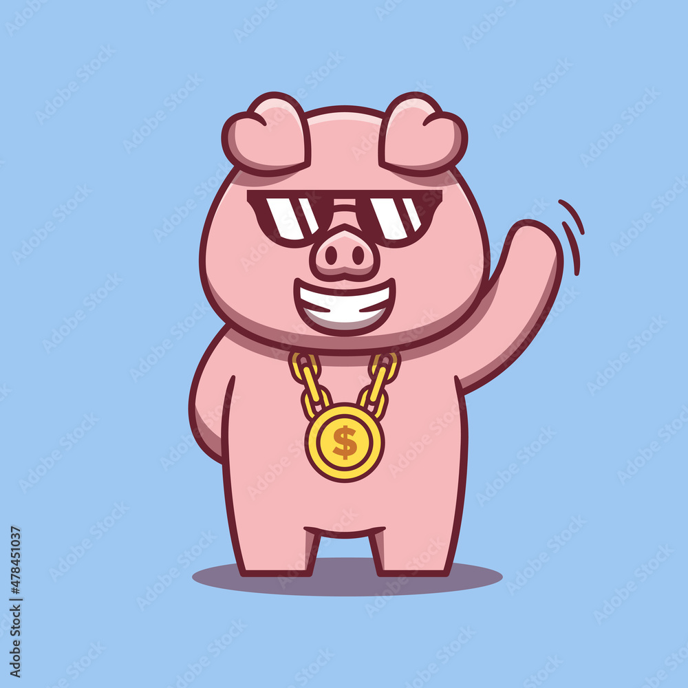Pig with waving hand cartoon illustration. Flat cartoon style. Vector ...