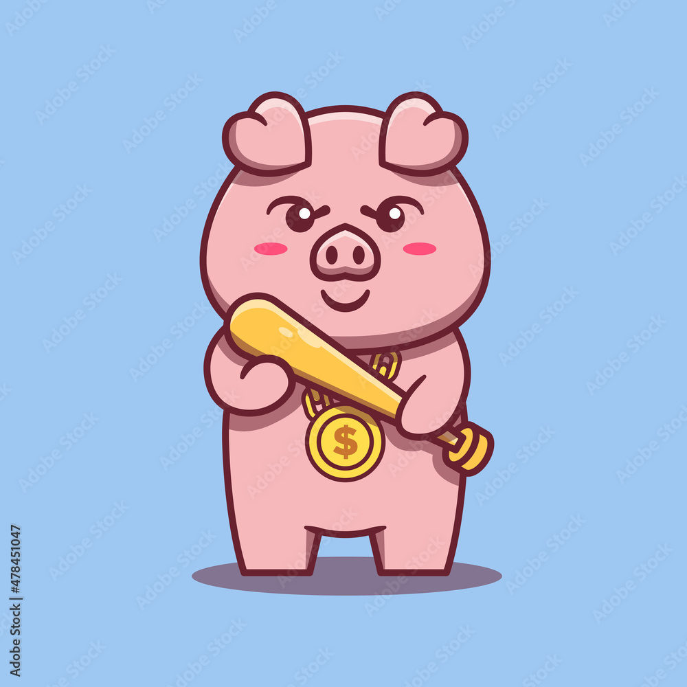Pig holding baseball bat cartoon illustration. Flat cartoon style ...