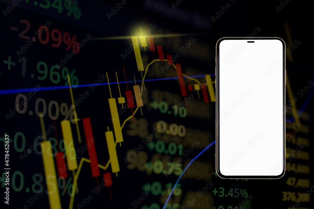 White blank screen smartphone on Stock market or forex trading chart ...