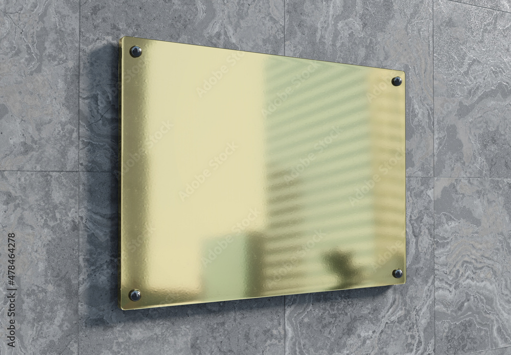 Golden sign plate on wall mockup. Template of a gold business signboard ...