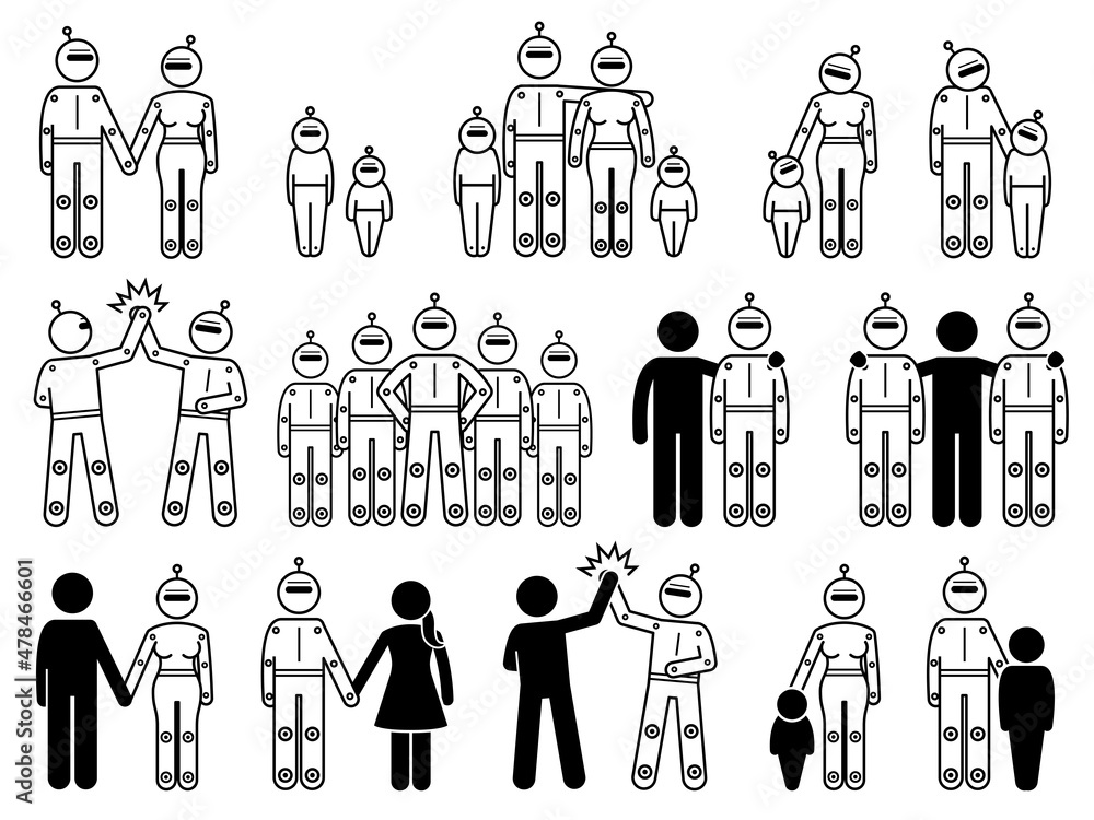 Robot android humanoid family and human. Vector illustrations of robot ...
