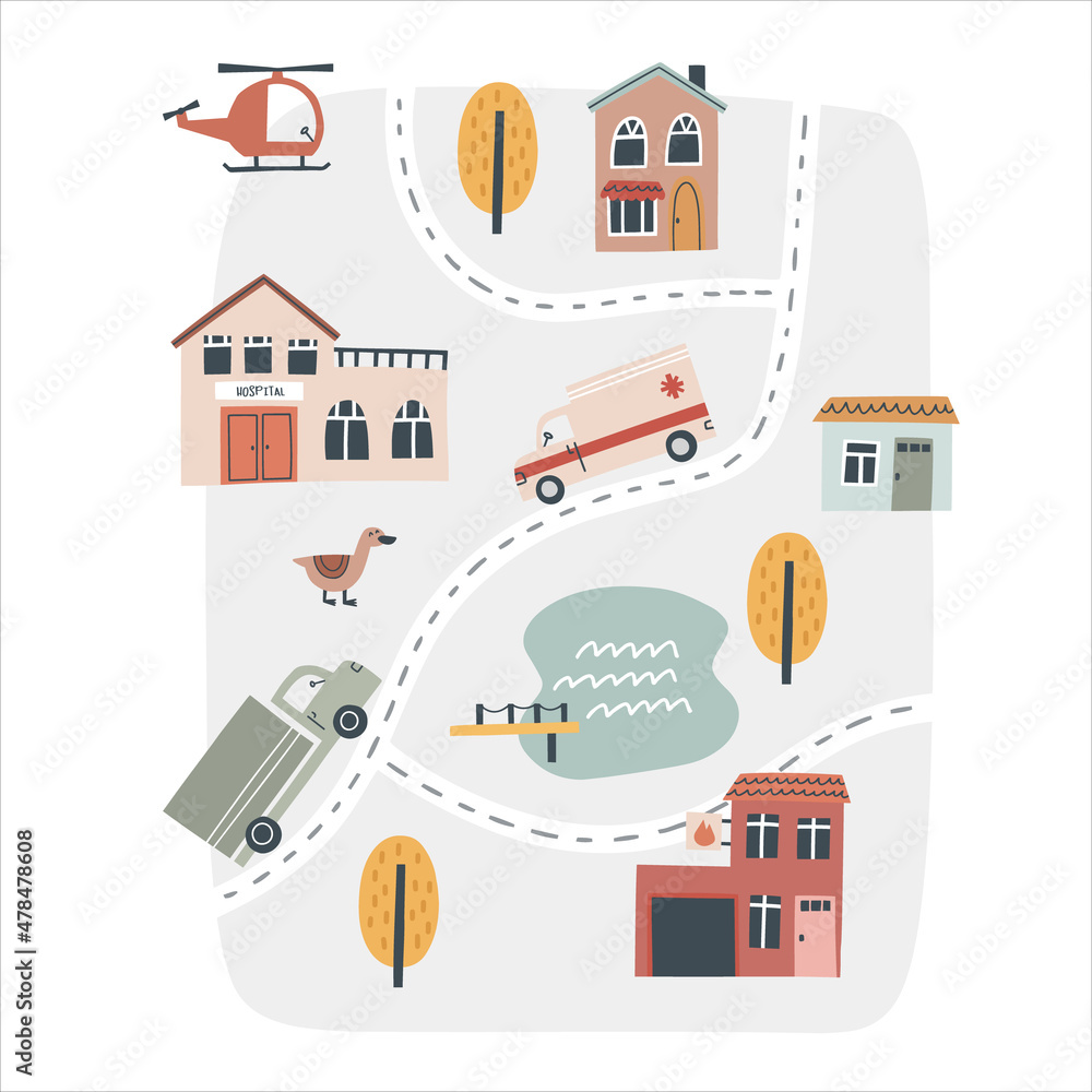 Cute town map. Hand drawn vector illustration for nursery Stock Vector ...