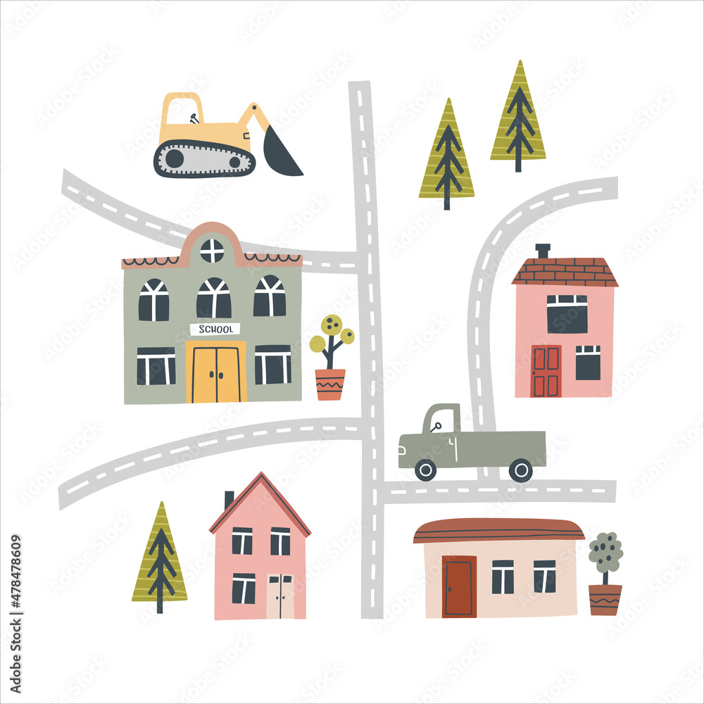 Cute town map. Hand drawn vector illustration for nursery Stock Vector ...
