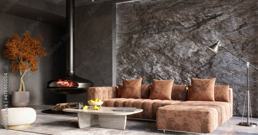 Natural Mountain Rock Wall in modern living room interior, 3d render ...