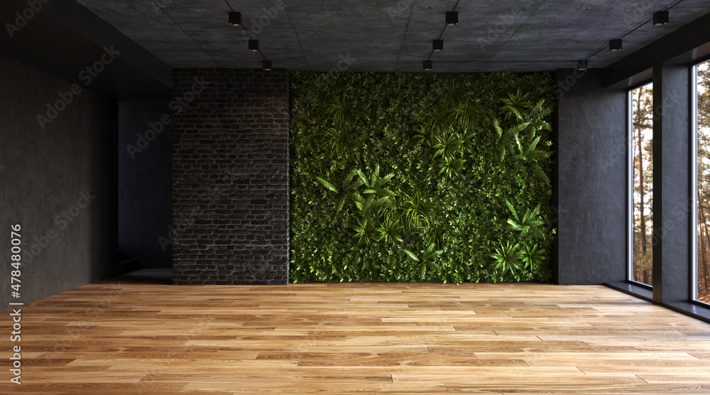 Vertical Green Wall in modern living room interior, 3d render Stock ...