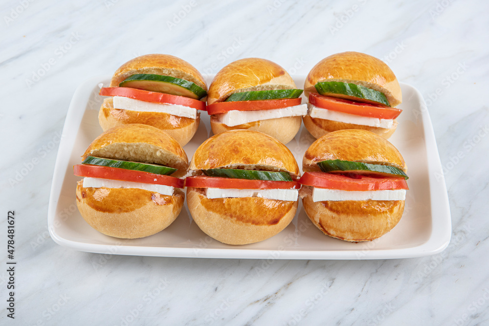 Mini Sandwiches with Cheddar Cheese, Tomato, Cucumber and Cream Cheese ...