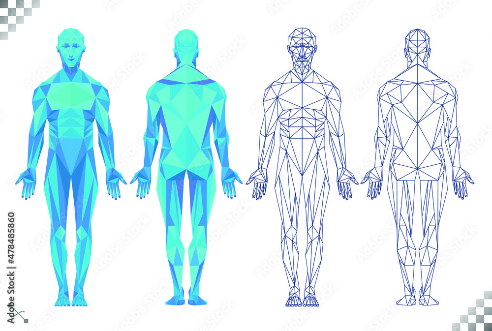 low poly high tech blue color human body triangles and black line art ...