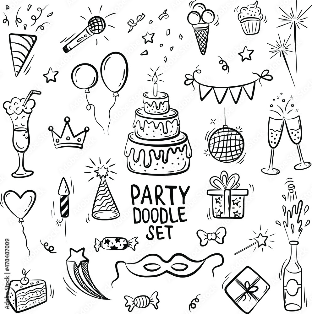 Birthday party doodle set. Vector isolated hand drawn elements Stock ...