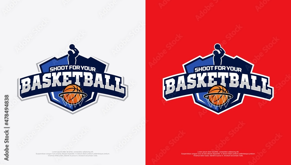 Basketball badge logo with the silhouette of the player throwing a ball ...