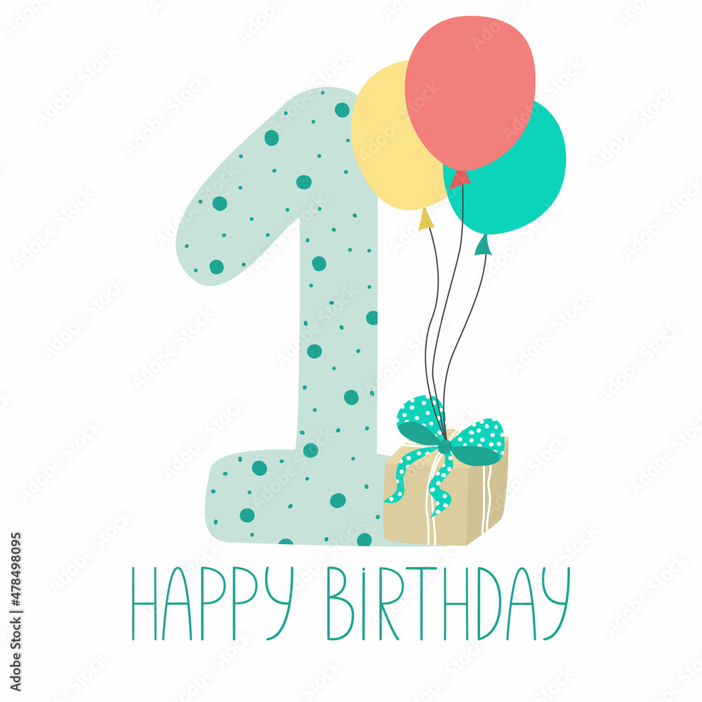 One year. Baby birthday card in cartoon style. Printable number 1 ...