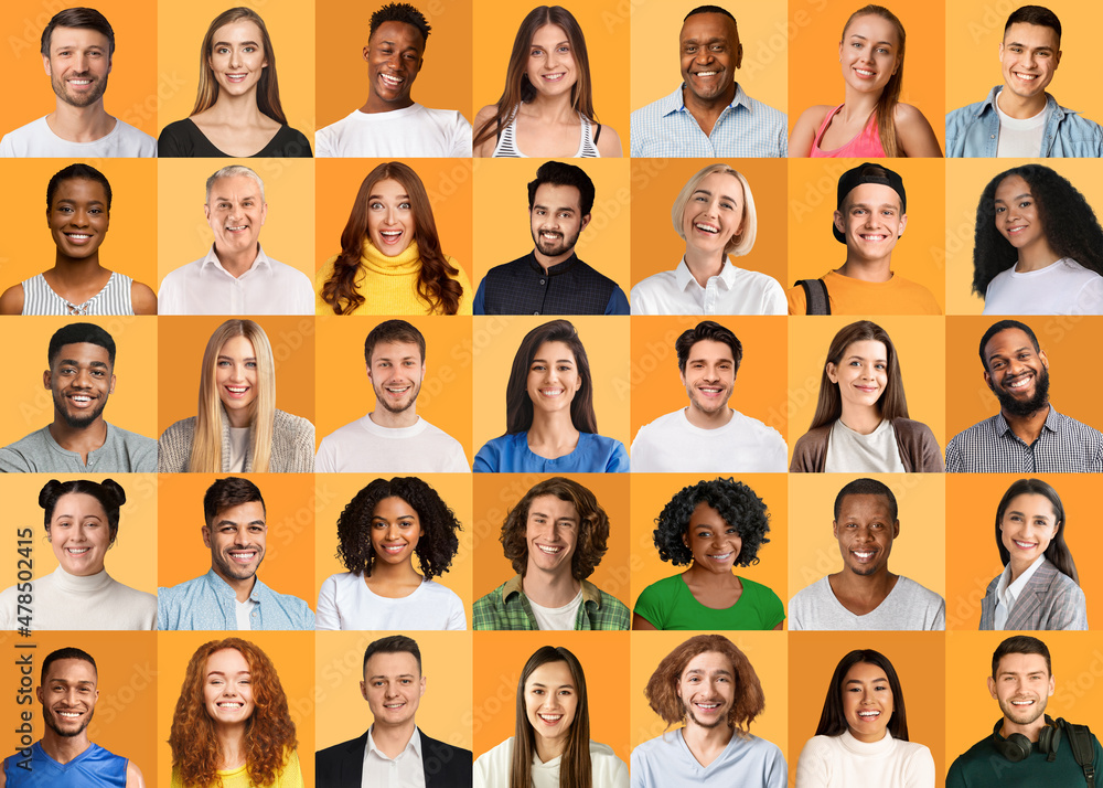 Multiracial people posing on orange studio backgrounds, collection of ...