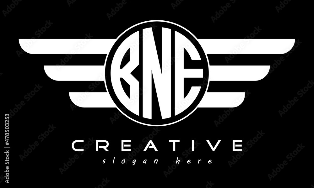 BNE three letter monogram type circle letter logo with wings vector ...