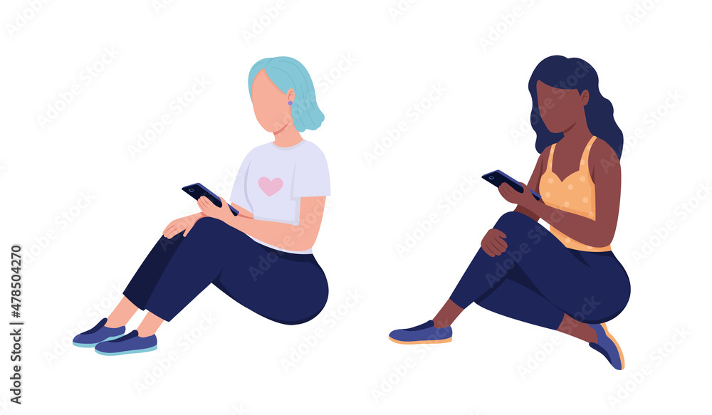 Girls with smartphones semi flat color vector characters set. Full body ...