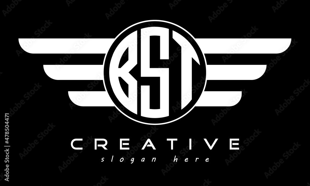 BST three letter monogram type circle letter logo with wings vector ...