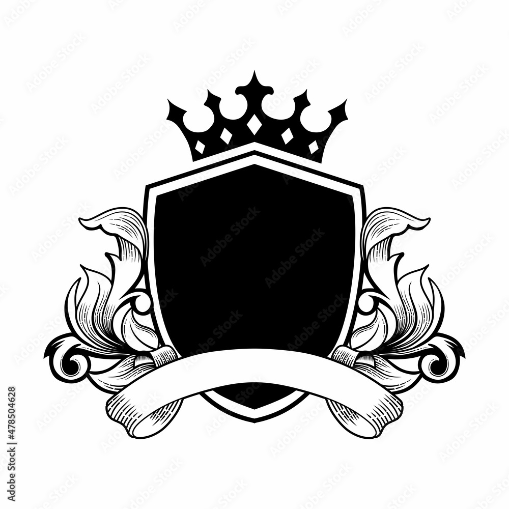 Blank baroque shield with floral ornament and stroked shades. Hand ...