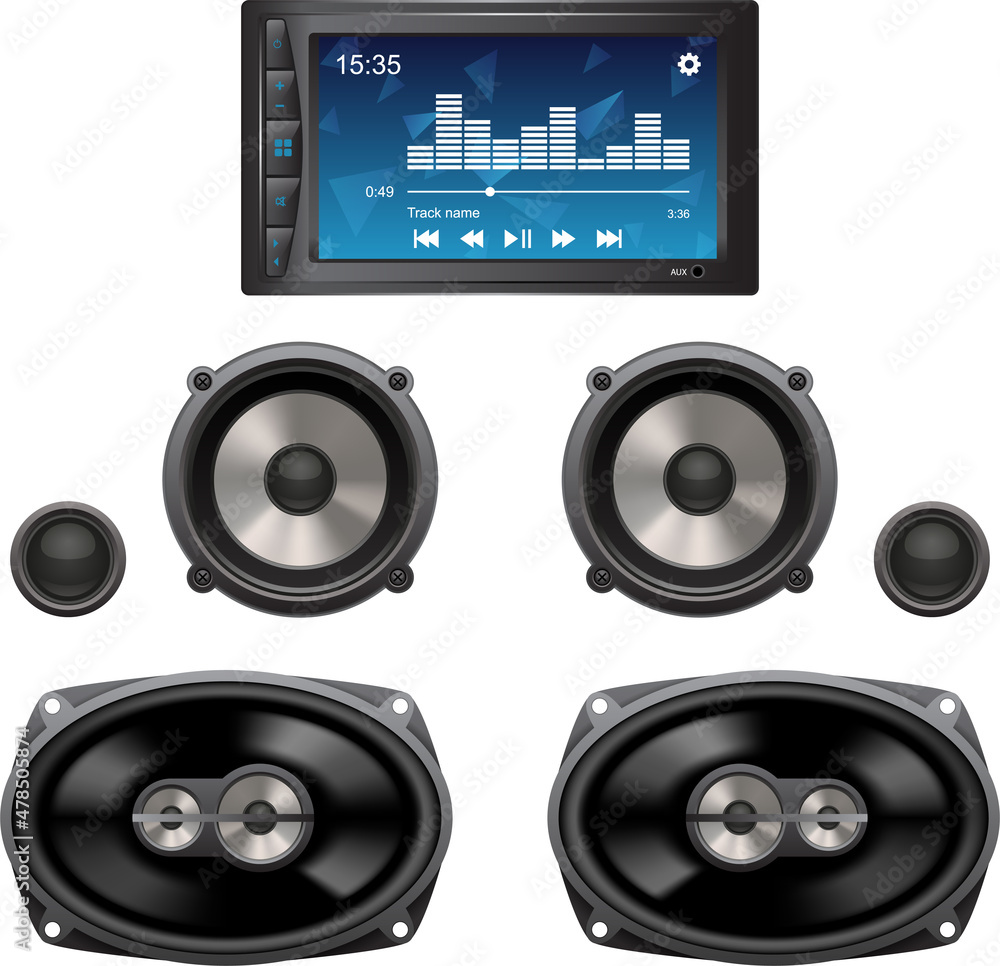 Car audio components, loud speakers and audio player on a plain ...
