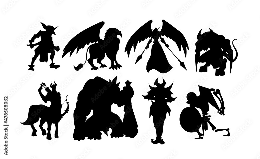 Silhouette Characters of online fantasy games: goblin,griffin,angel ...