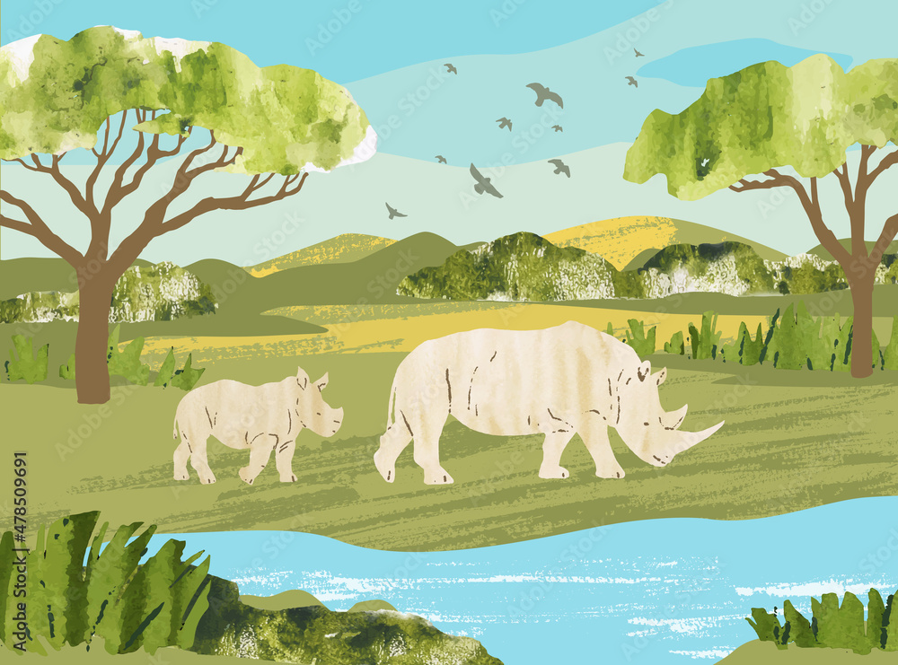 Africa. Savanna landscape with rhinoceroses. Reserves and national ...