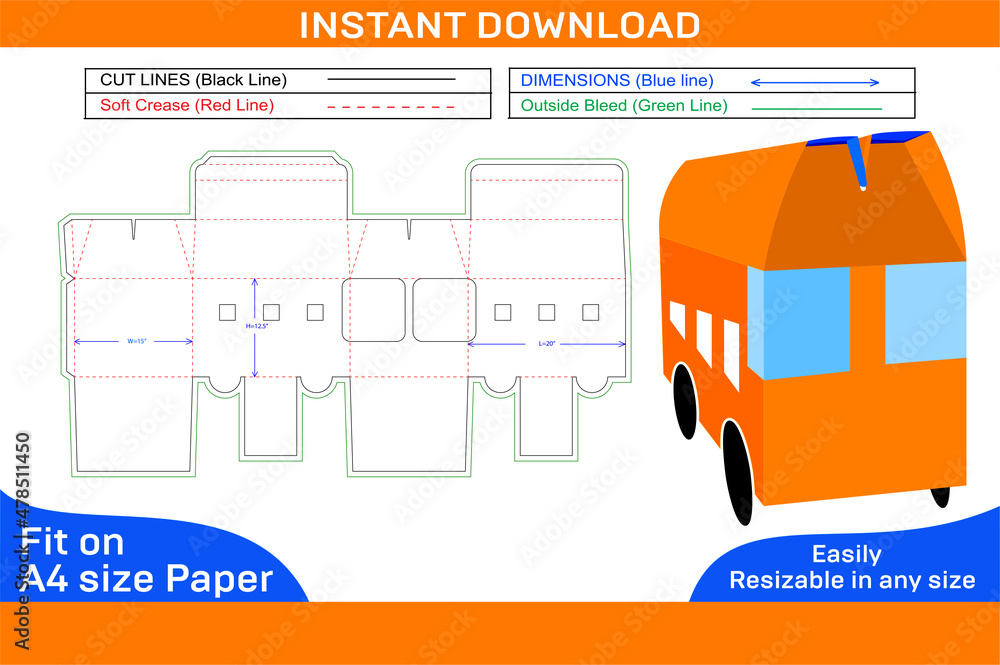 Bus packaging box dieline template and 3D box design Box dieline and 3D ...