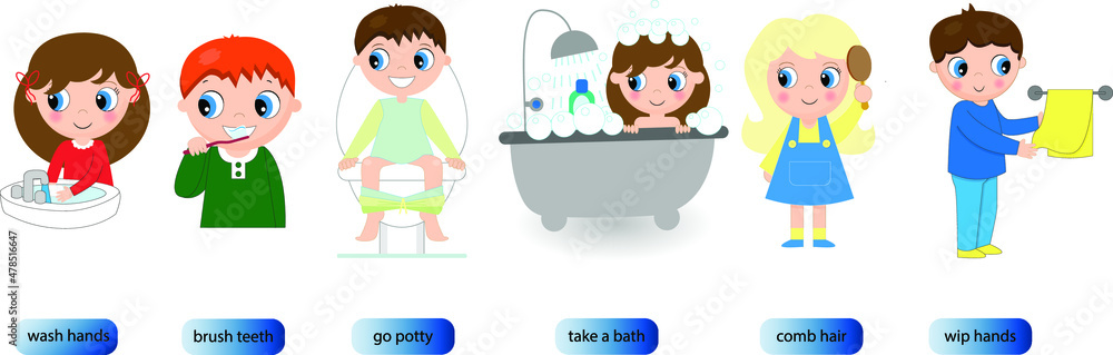 Hygiene procedures drawings of children. Daily routines: wash your ...