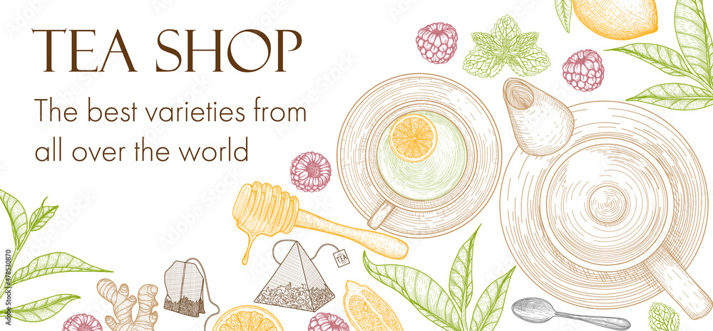 Vector banner template for a tea shop. Graphic linear colored teapot ...