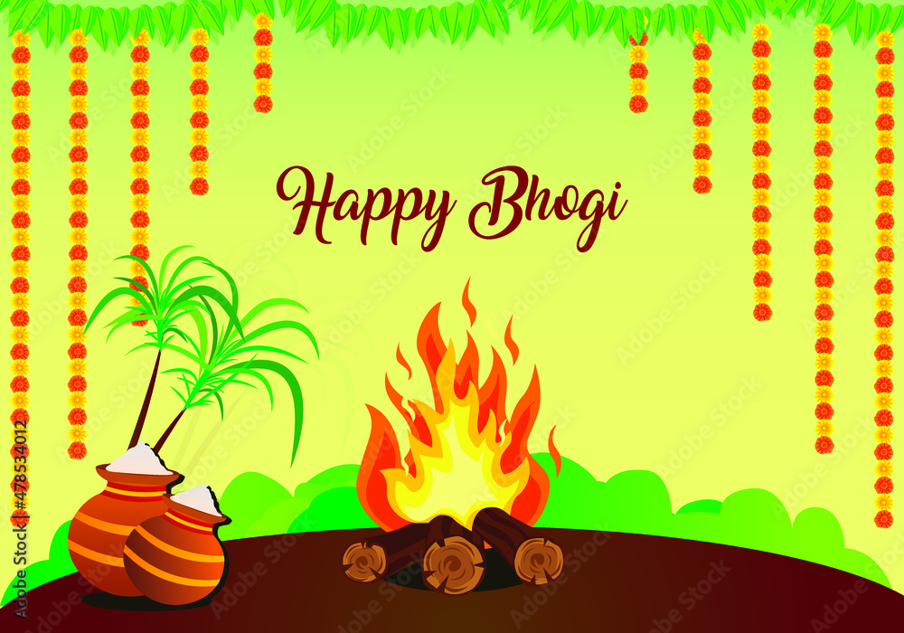Happy bhogi festival banner. South Indian pongal bhogi vector. Bhogi ...