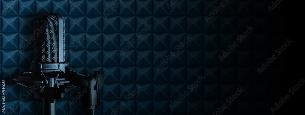 Professional microphone on blue acoustic foam background, Podcast or ...