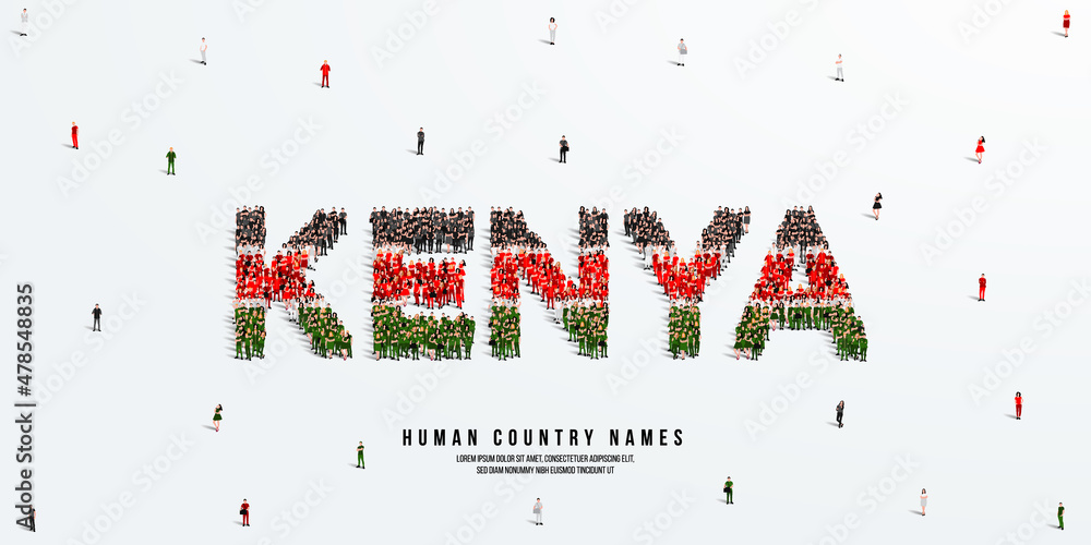 A large group of people stands, making up the word Kenya. Kenya flag ...