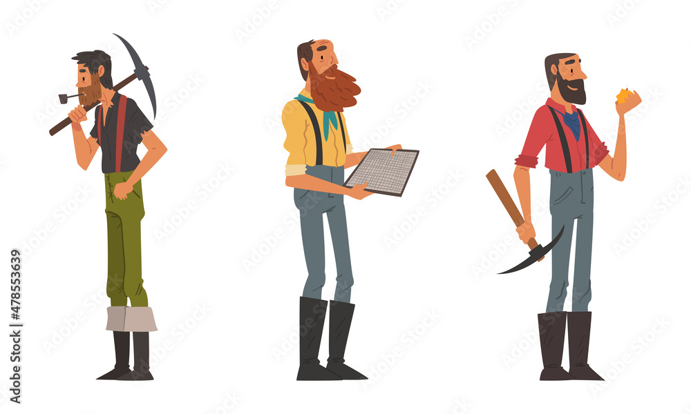Bearded Male Prospector Character Gold Mining Holding Pickaxe and Net ...