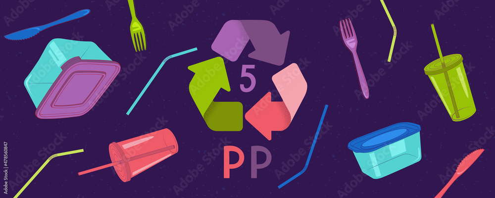 Waste recycling. Banner with plastic dishes and polypropylene ...