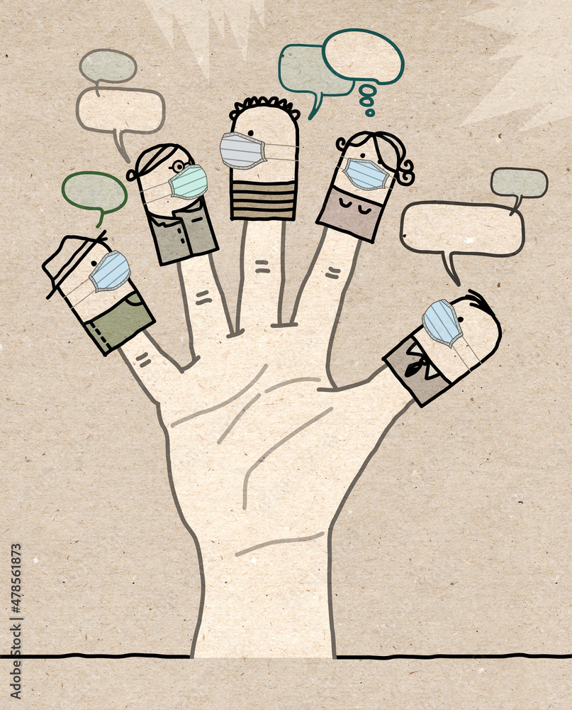 Big hand with cartoon characters - Protection masks and social network ...