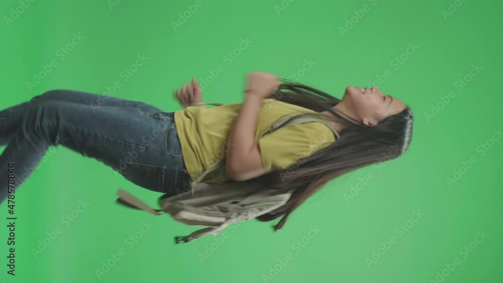 Side View Of Asian Girl Student Running To School On Green Screen ...
