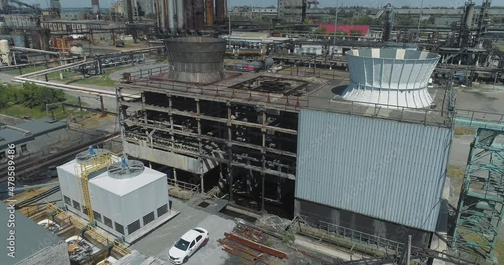 Industrial cooling towers. Cooling tower from a drone. Wet cooling ...