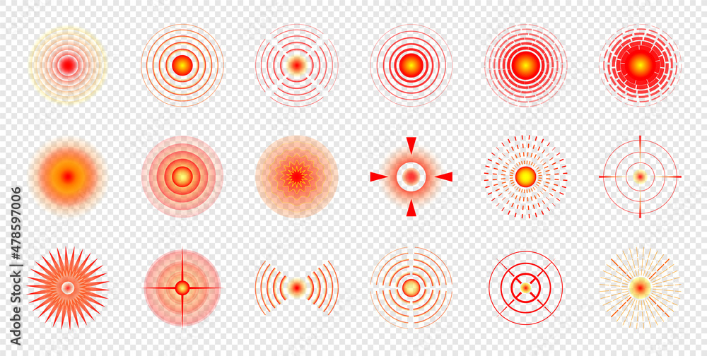 Pain localization red circle mark set. Aching place abstract symbol ...