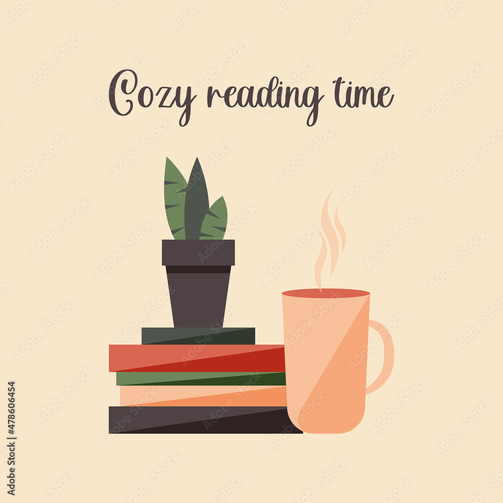 A cup of tea or coffee near a stack of paper books. Cozy reading at ...
