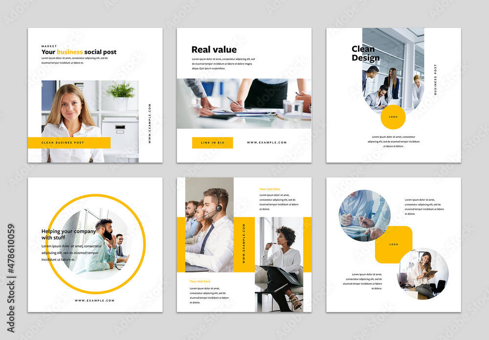 Clean Social Media Post Layouts with Yellow Accent Stock Template ...