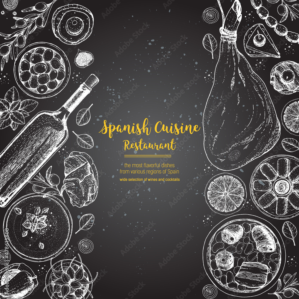 Spanish cuisine top view. A set of spanish dishes with jamon, fabada ...