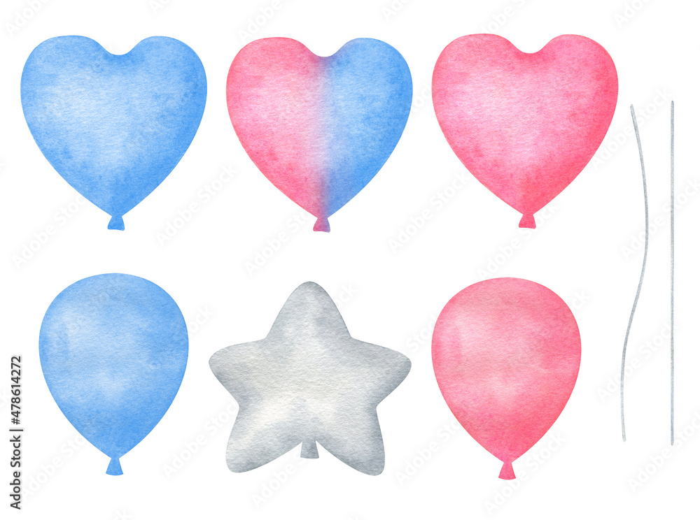 Watercolor balloons of gray, pale pink and blue isolated on a white ...
