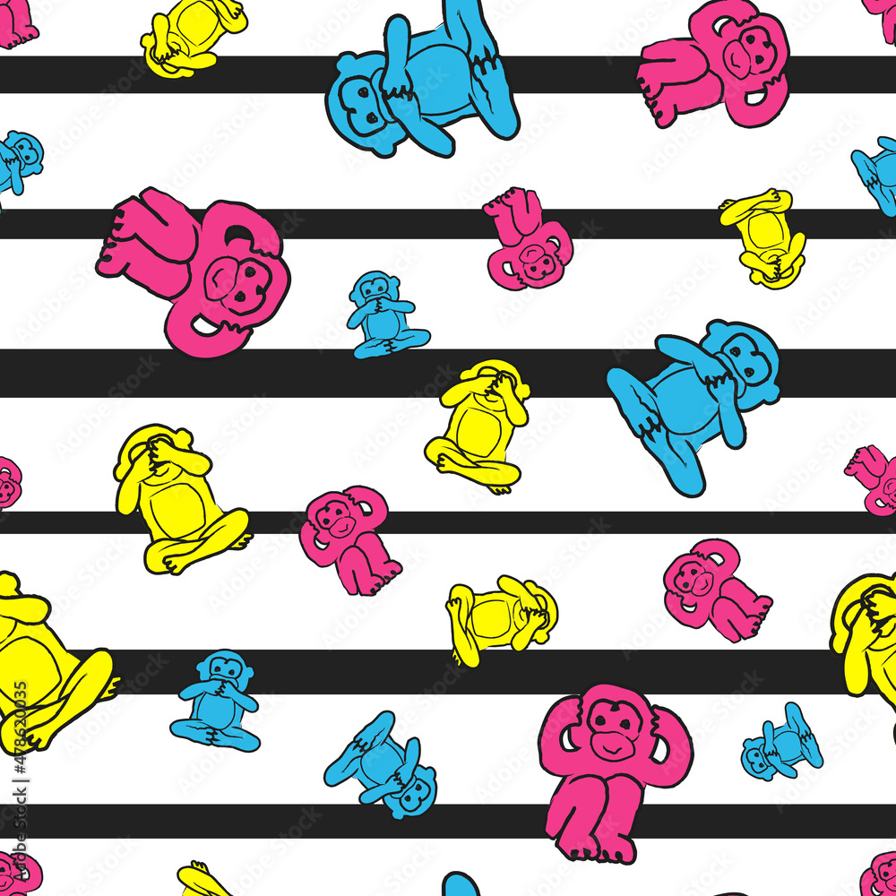 Colorful monkeys seamless pattern on black stripes Stock Vector | Adobe ...