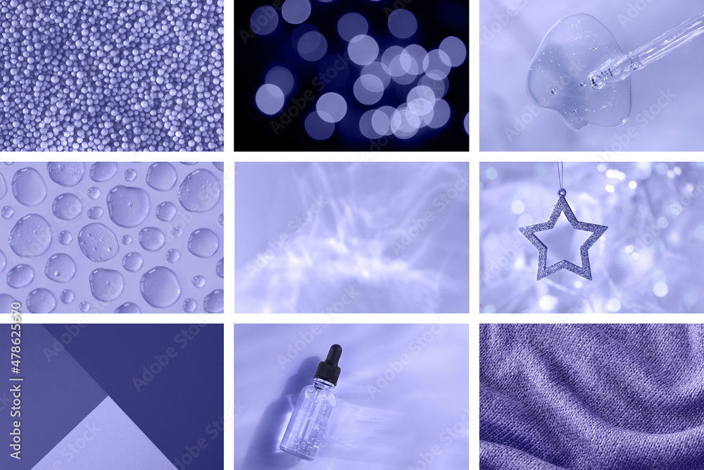 Color 2022 collage. Violet blue pictures with bokeh lights, flowers ...