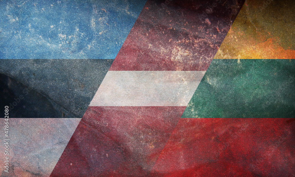 Top view of official retro flag Patchwork flag of baltic countries with ...
