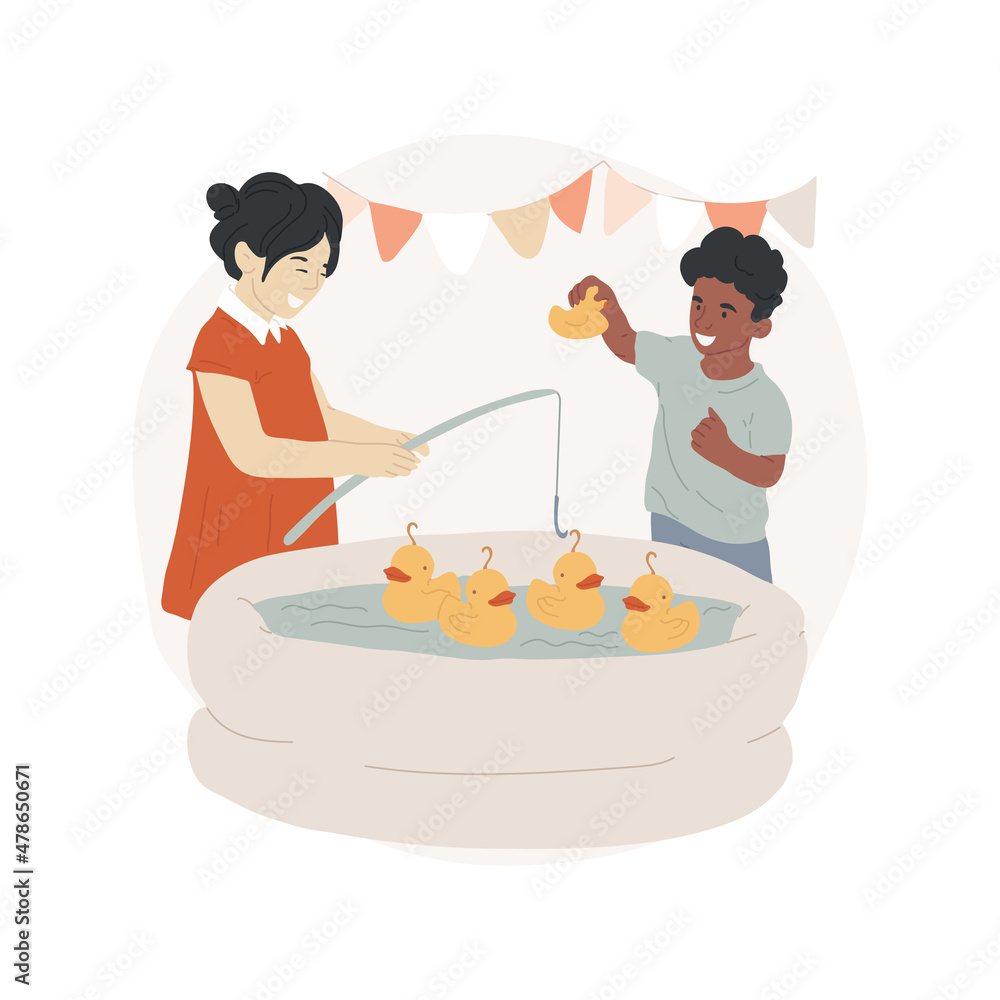 Duck fishing isolated cartoon vector illustration. Girl hooks a rubber ...